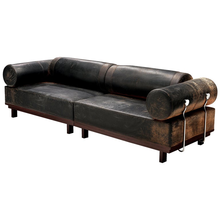 Bulky Modular Sofa in Leatherette and Metal Details For Sale at 1stDibs