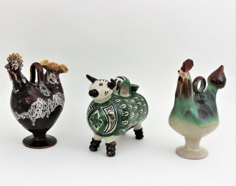 Bull Shaped Glazed Ceramic Pitcher, Spain, 1960s For Sale at 1stDibs