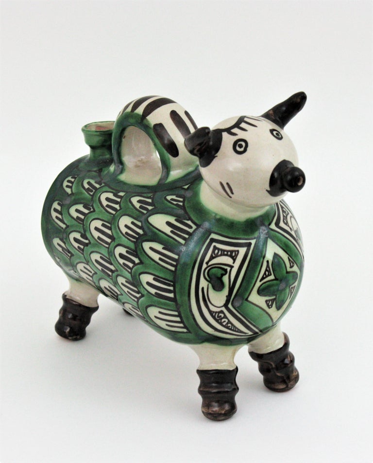 Bull Shaped Glazed Ceramic Pitcher, Spain, 1960s For Sale at 1stDibs