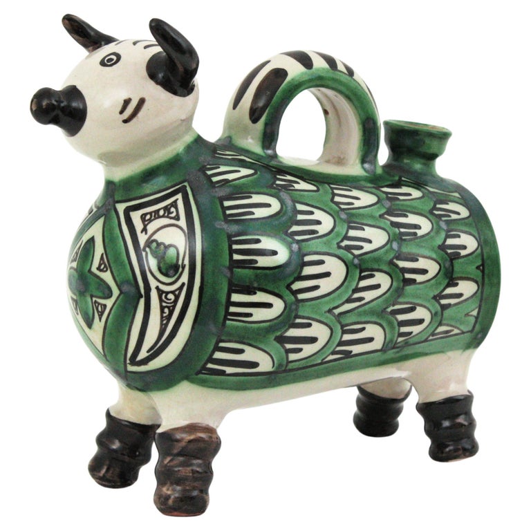 Bull Shaped Glazed Ceramic Pitcher, Spain, 1960s For Sale at 1stDibs