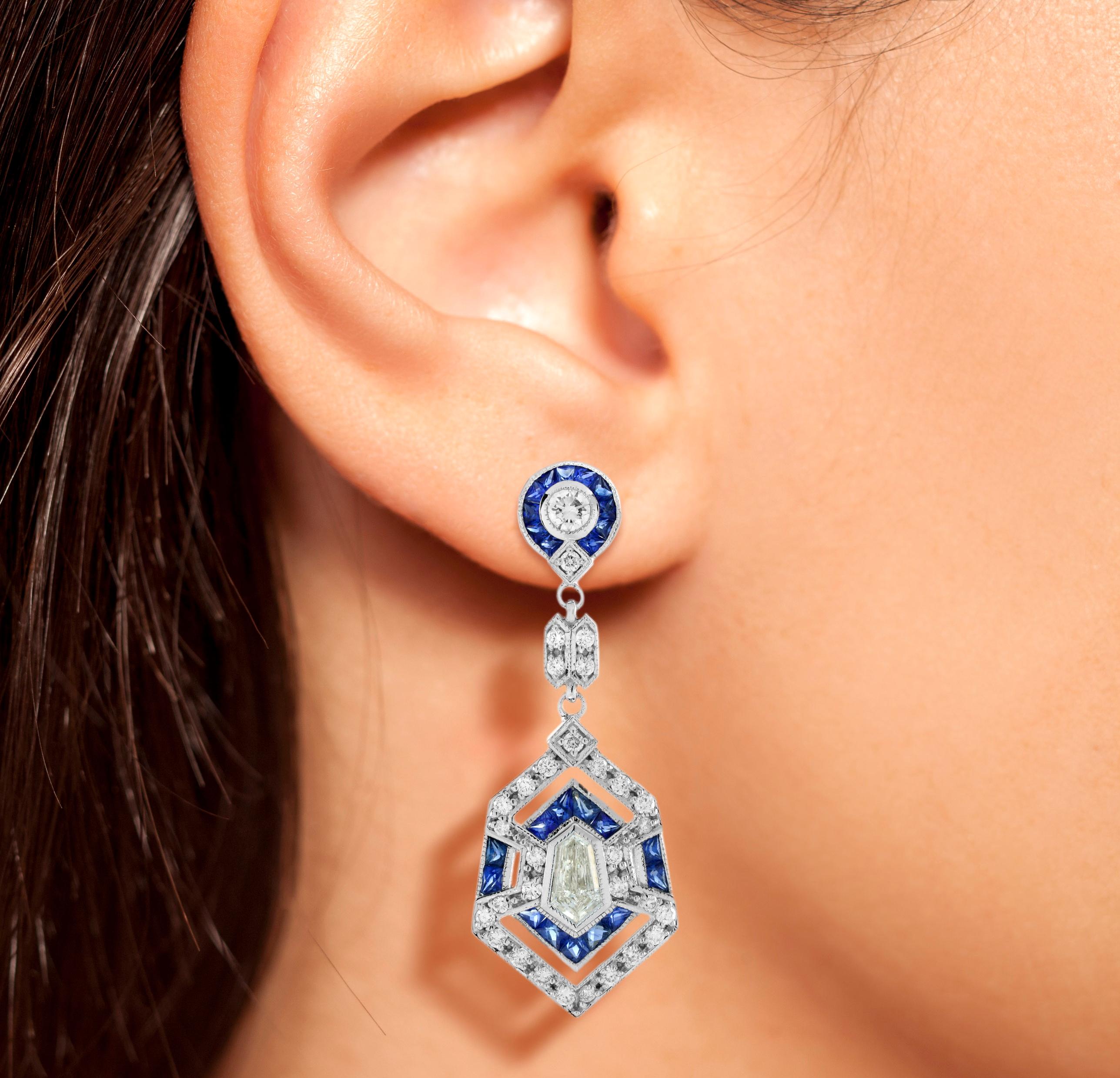Bullet Shape Diamond and Blue Sapphire Art Deco Style Drop Earrings in ...