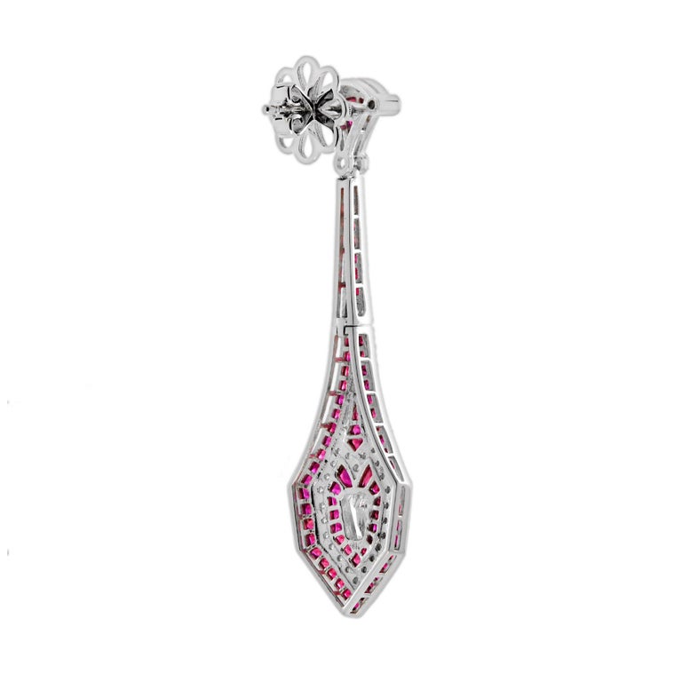 Bullet Shape Diamond and Ruby Art Deco Style Drop Earrings in 18K White ...