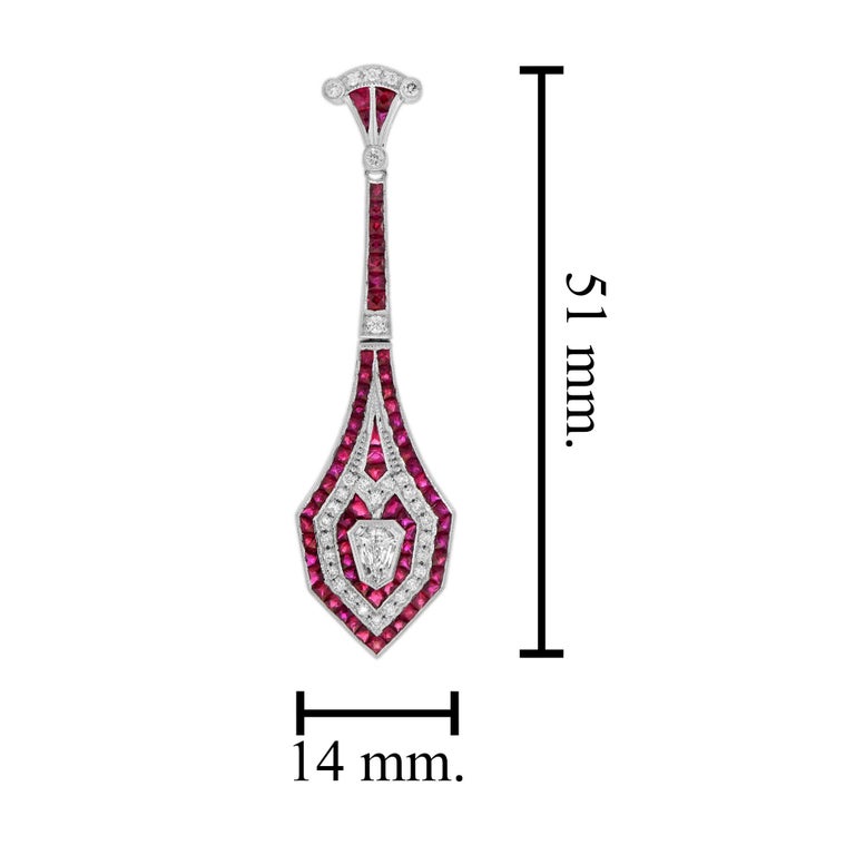 Bullet Shape Diamond and Ruby Art Deco Style Drop Earrings in 18K White ...