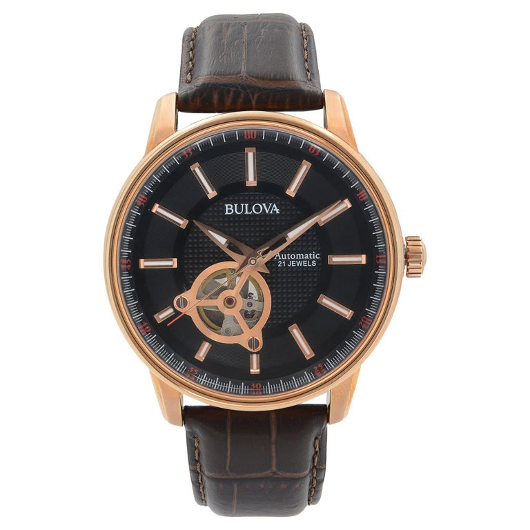 Bulova Classic Rose-Gold Steel Black Skeletal Dial Automatic Mens Watch ...
