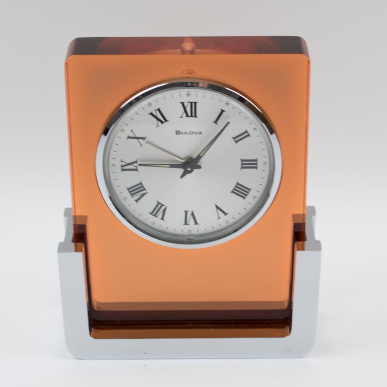 Bulova Japan Wind Up Alarm Table Clock Copper Lucite Chrome at 1stDibs