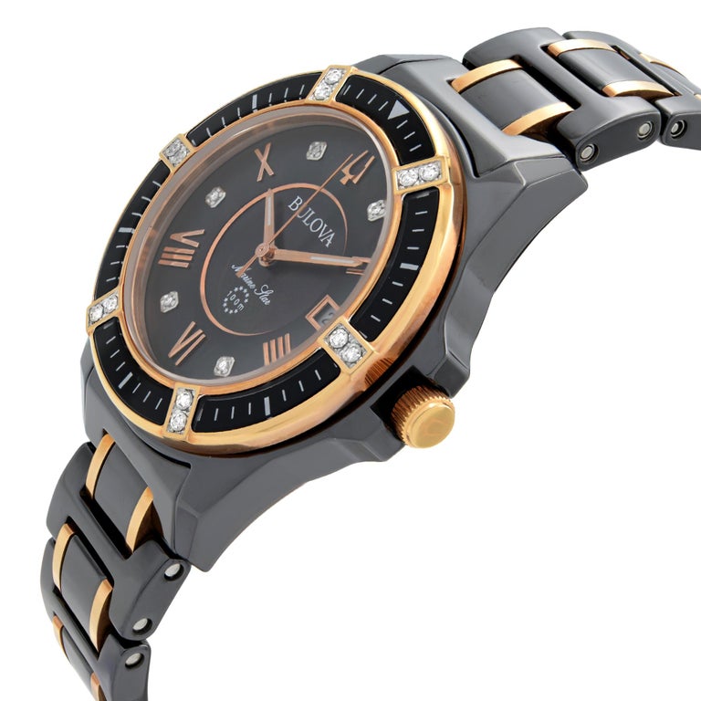 Bulova Marine Star Ceramic Steel Black Diamond Dial Quartz Ladies Watch ...