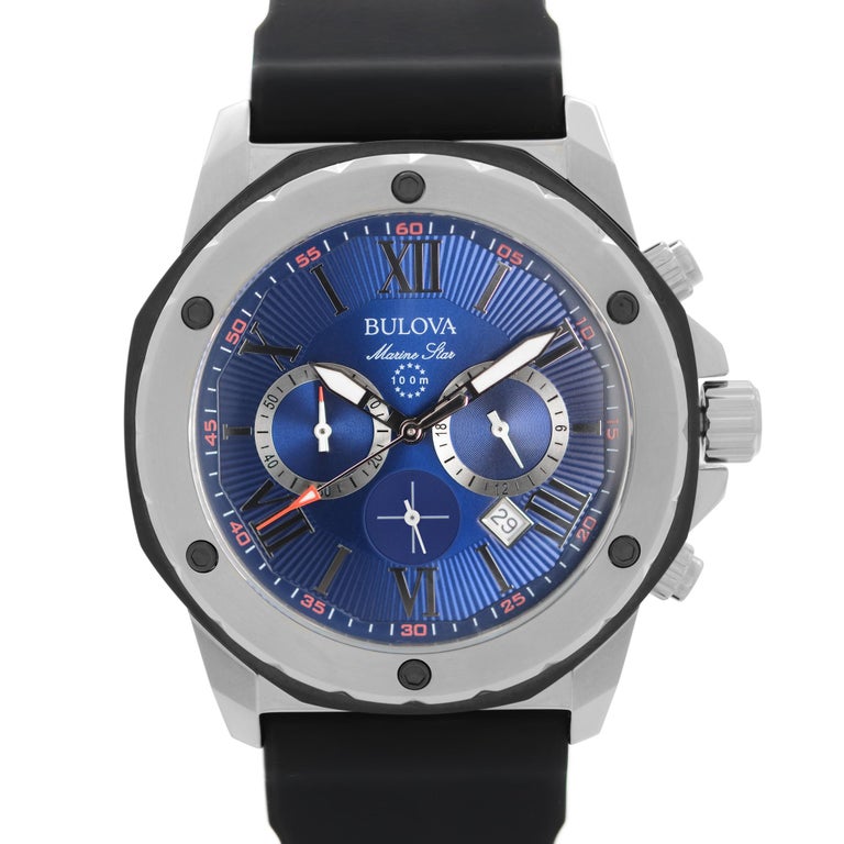 Bulova Marine Star Chronograph Steel Blue Dial Quartz Mens Watch 98B258 ...