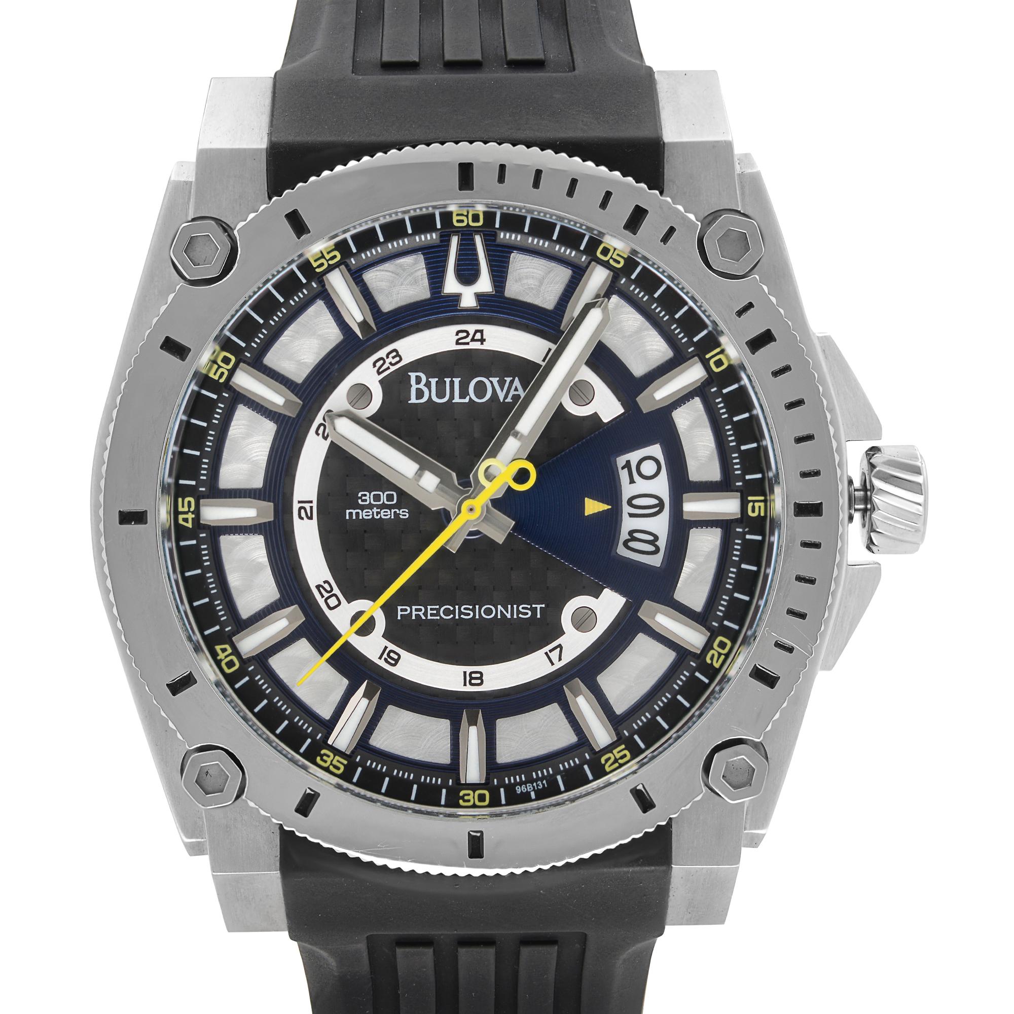 Bulova Precisionist Steel Black Silver Dial Rubber Band Quartz Mens ...