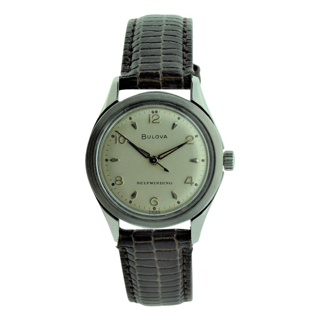 Bulova Steel Art Deco Style Round Wristwatch, circa 1960s with Original ...
