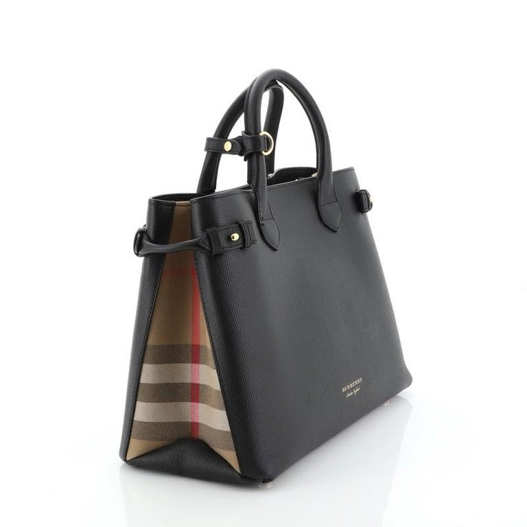 Burberry Banner Convertible Tote Leather and House Check Canvas Medium ...