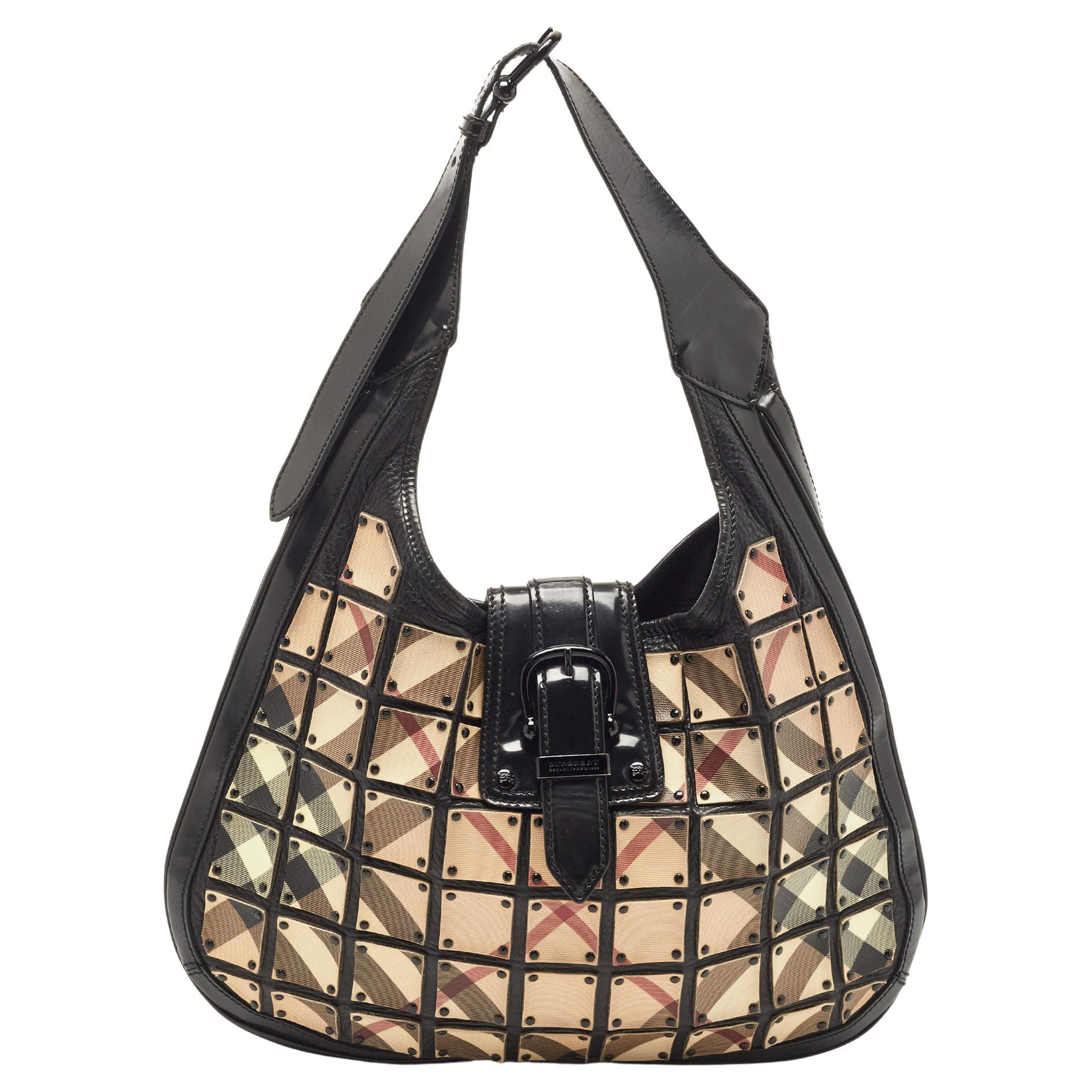 Burberry Beige/Black Nova Check Canvas And Leather Studded Brooke ...