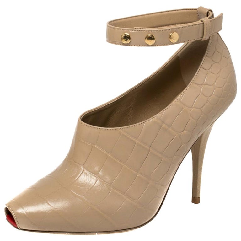 Burberry Beige Croc Embossed Leather Jermyn Peep Toe Ankle Cuff Pumps ...