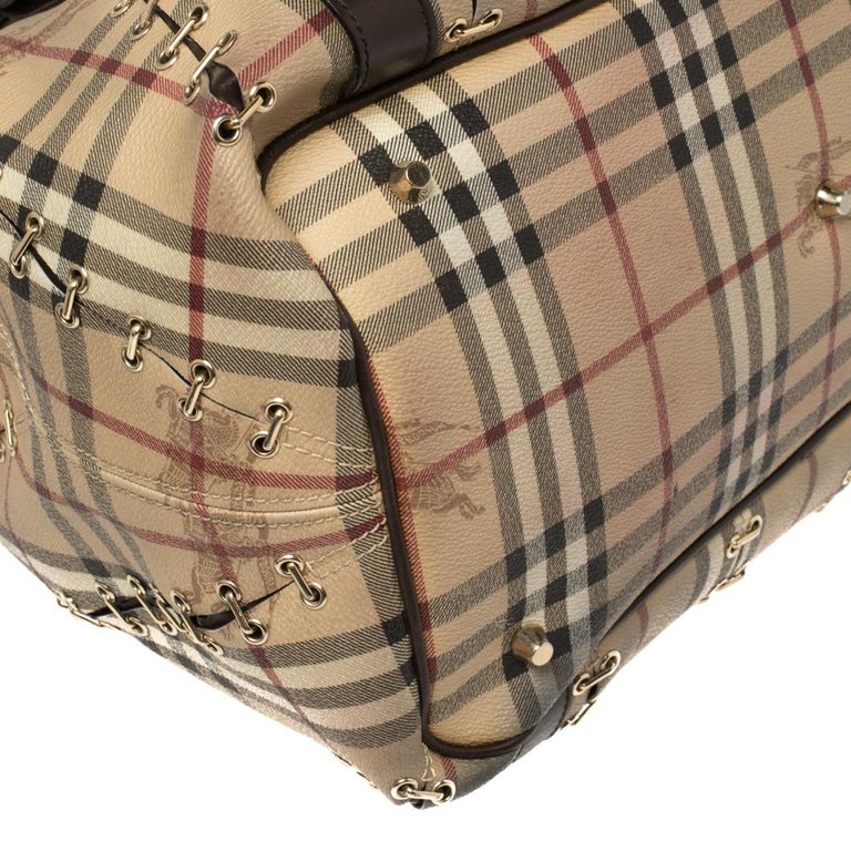 Burberry Beigedark Brown Haymarket Canvas And Leather Metal Stitch