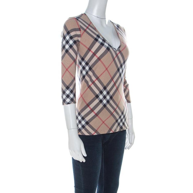 Burberry Beige Nova Check Cotton Stretch V Neck Three Quarter Sleeve ...