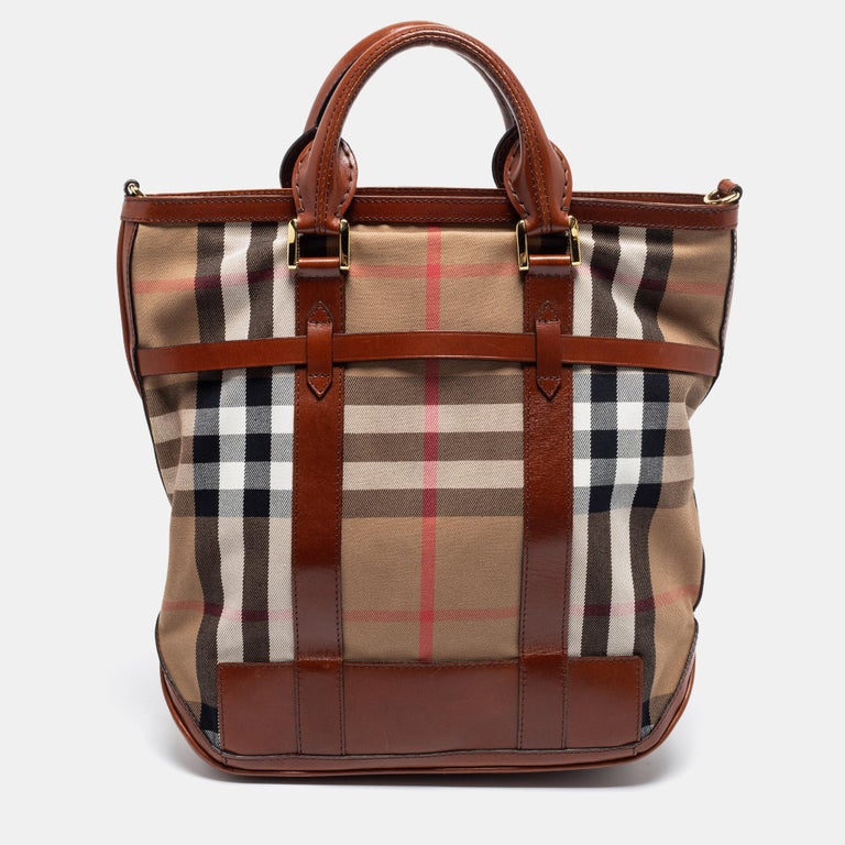Burberry Beige/Tan House Check Canvas and Leather Tote For Sale at 1stDibs