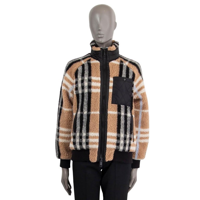 BURBERRY beige wool LAMBETH CHECK TEDDY FLEECE Bomber Jacket 6 XS For ...