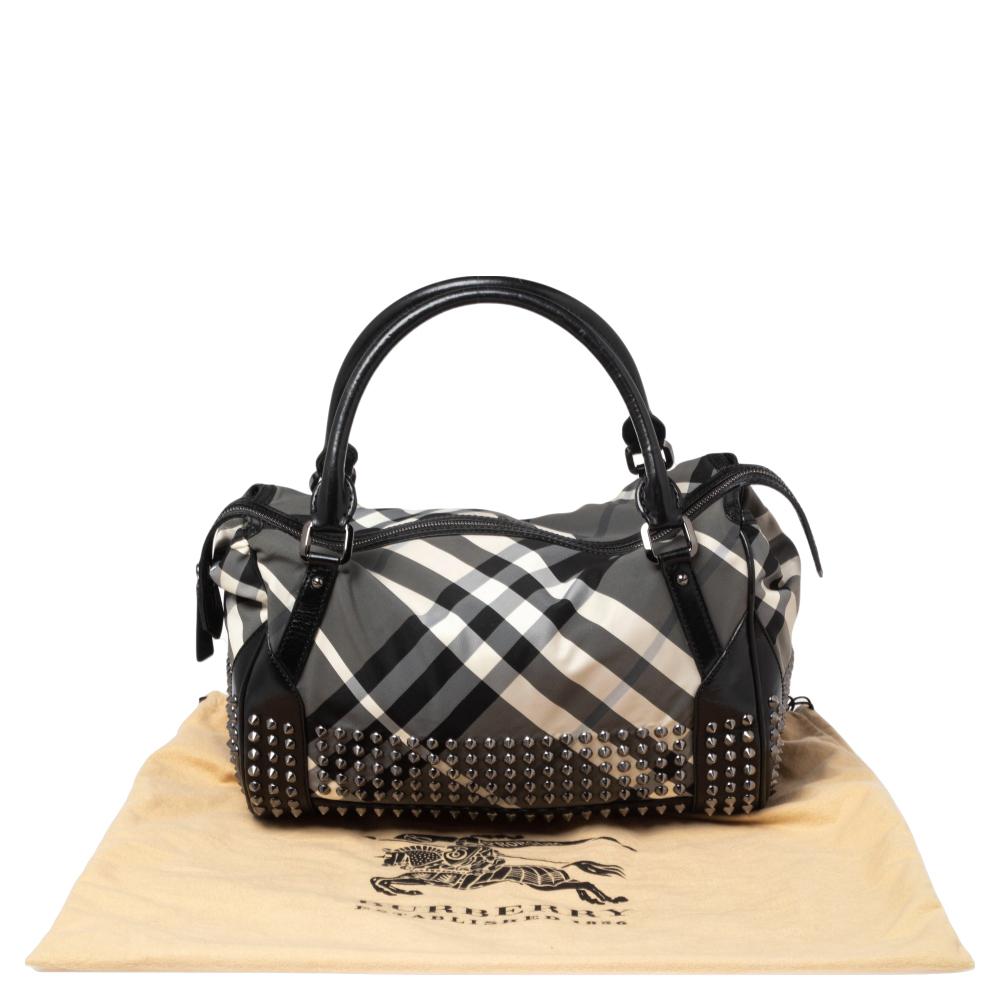 Burberry Black Beat Check Nylon and Leather Studded Satchel at 1stDibs