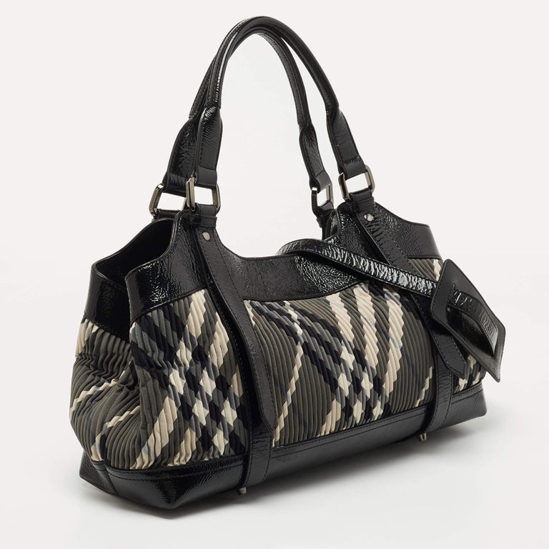 Burberry Black Beat Check Nylon and Patent Leather East/West Tote For ...