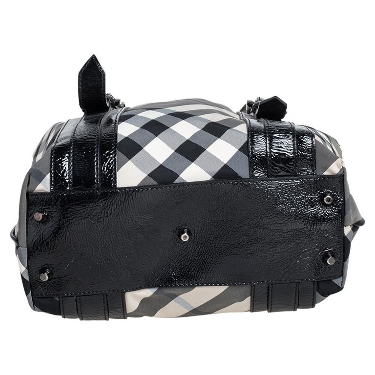 Burberry Black Beat Check Nylon and Patent Leather Lowry Tote at 1stDibs