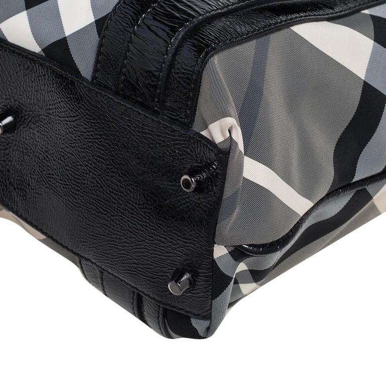 Burberry Black Beat Check Nylon and Patent Leather Lowry Tote at 1stDibs