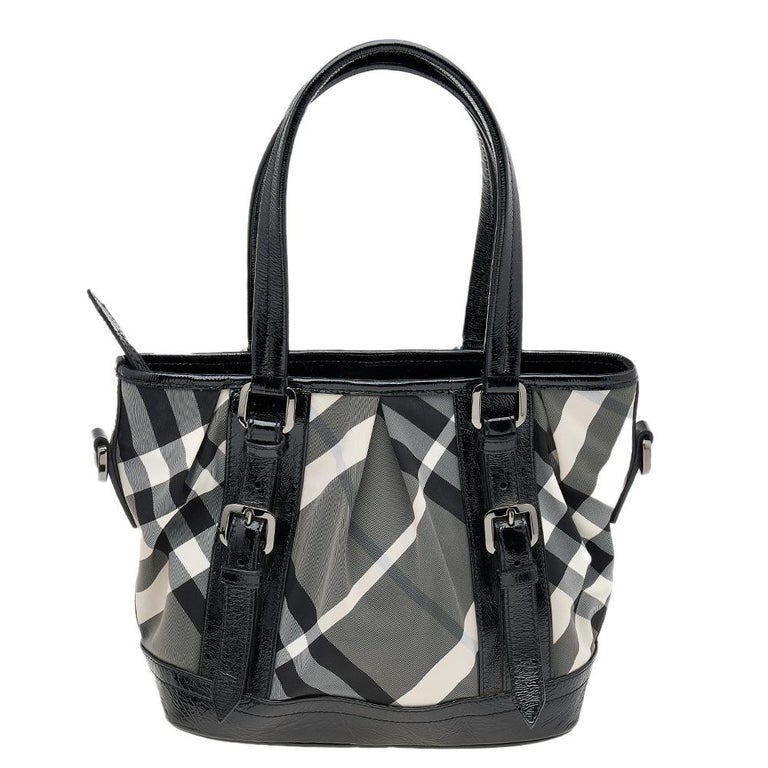 Burberry Black Beat Check Nylon and Patent Leather Small Lowry Tote at ...