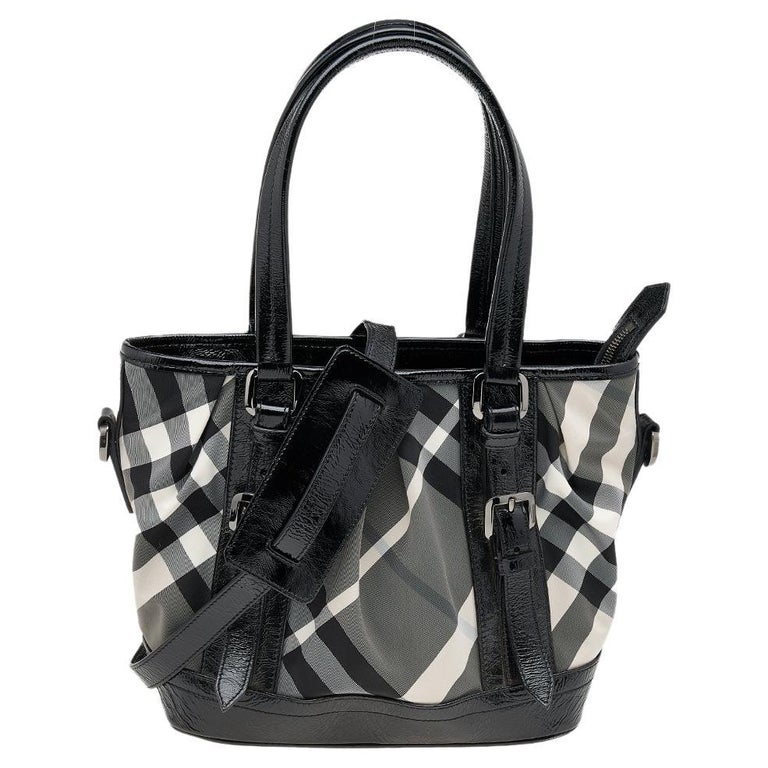 Burberry Black Beat Check Nylon and Patent Leather Small Lowry Tote at ...