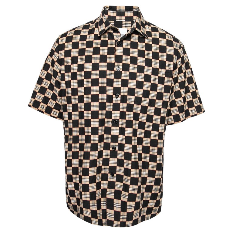 Burberry Black and Beige Checkerboard Printed Cotton Short Sleeve Shirt ...