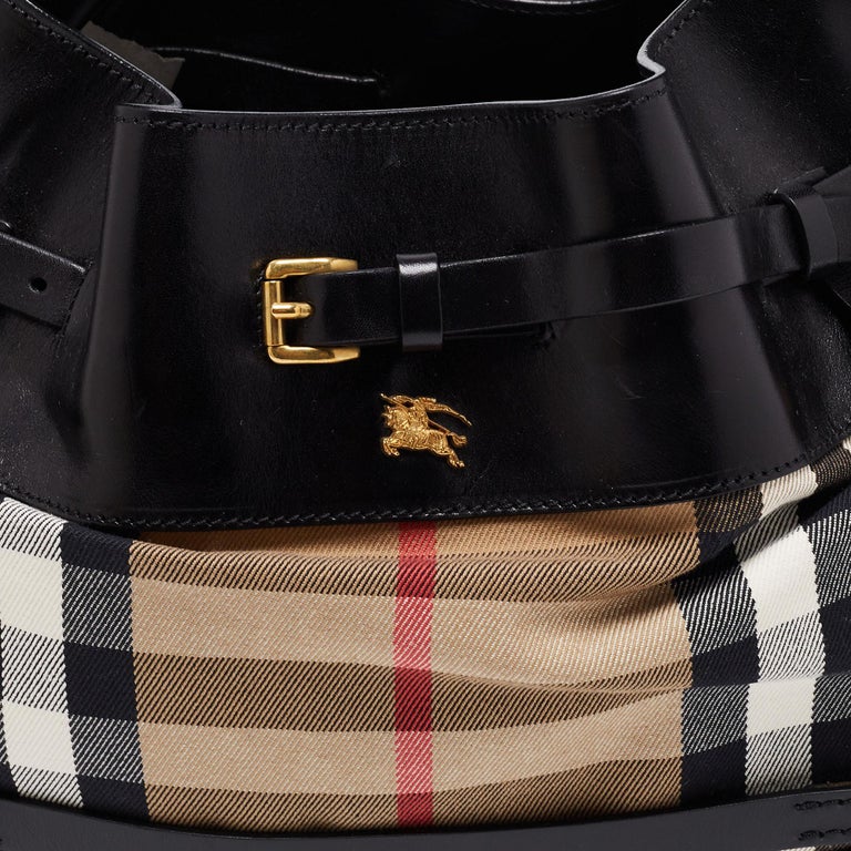 Burberry Black/Beige House Check Canvas and Leather Bridle Hobo For ...
