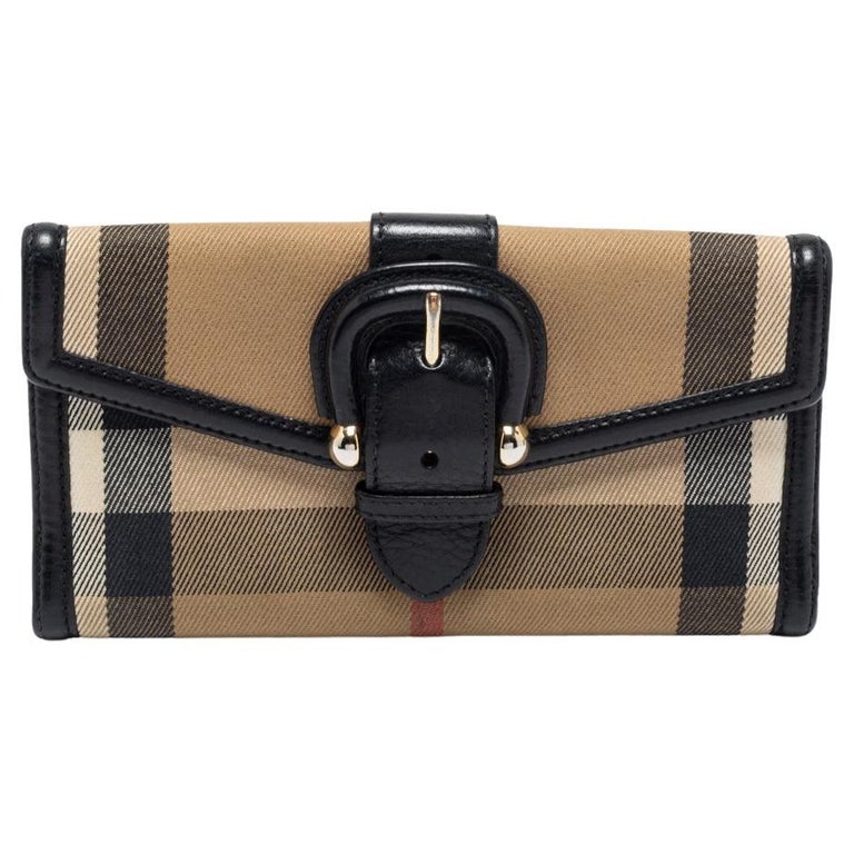 Burberry Black/Beige House Check Canvas Leather Buckle Flap Continental ...