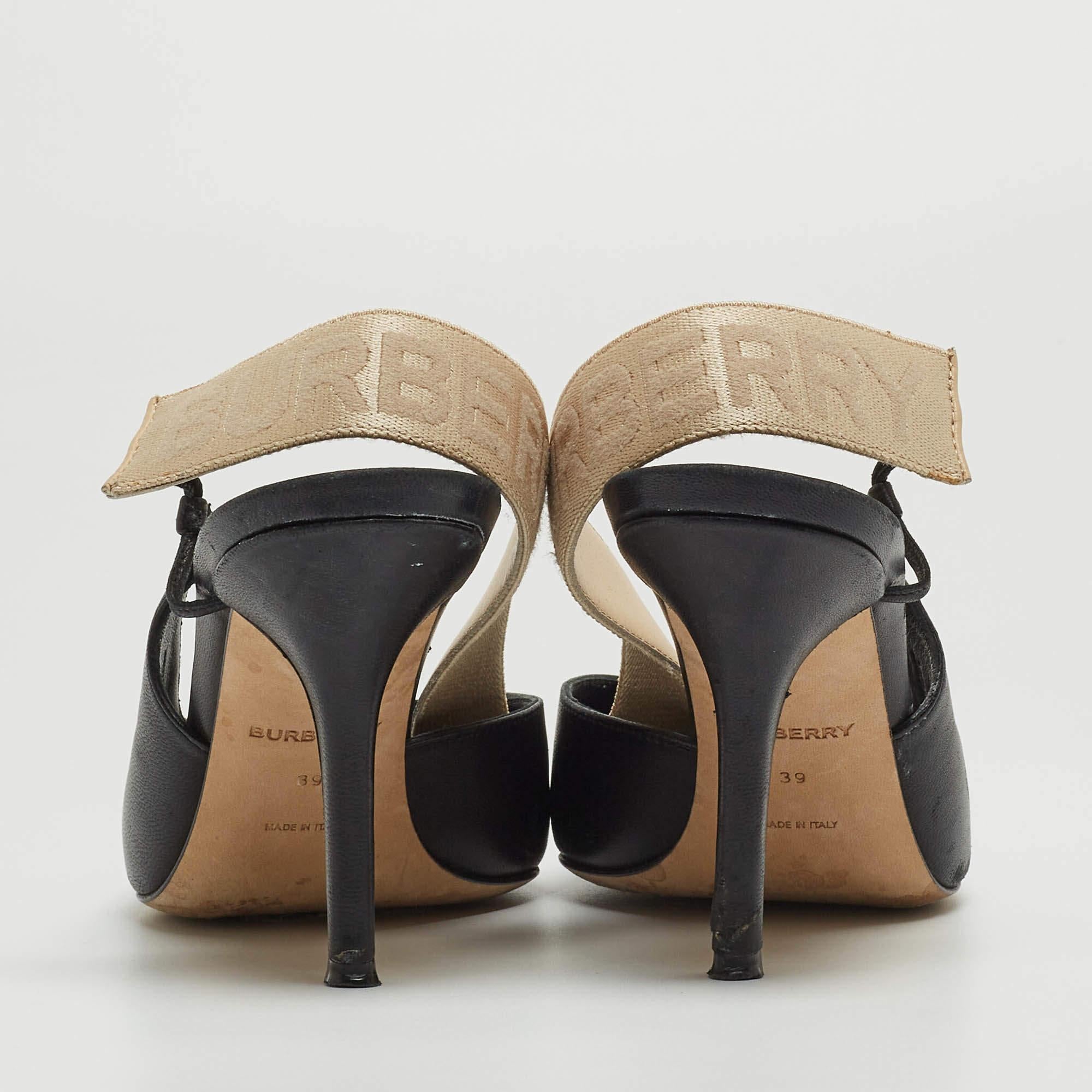 Burberry Black/Beige Leather and Logo Canvas Maria Slingback Pumps Size ...