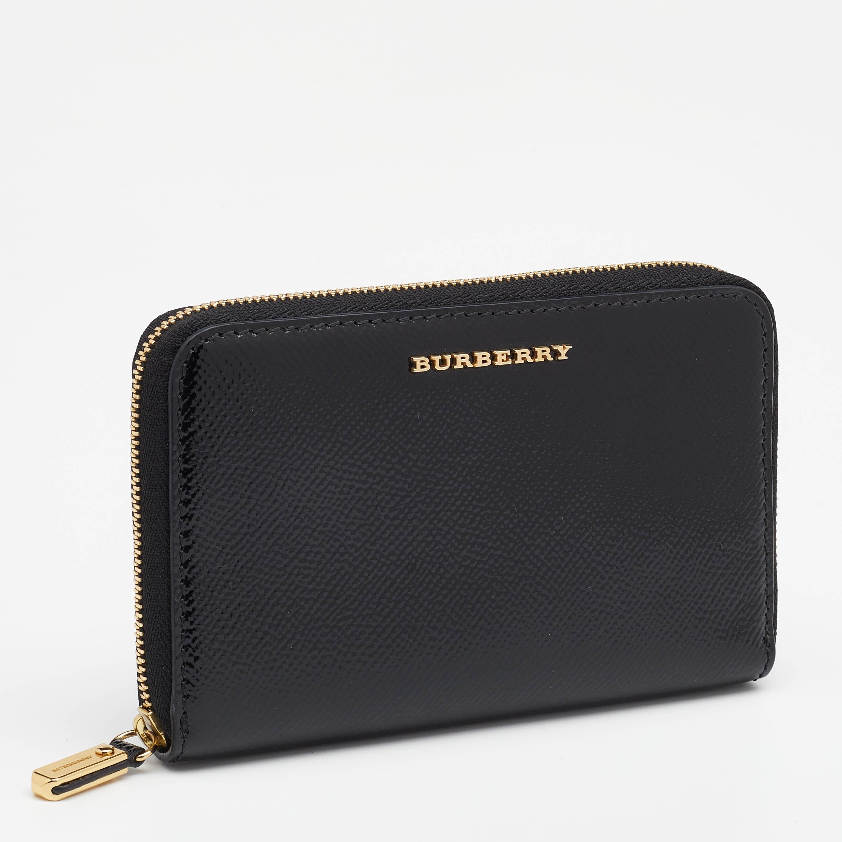 Burberry Black Patent Leather Elmore London Zip Around Wallet at ...