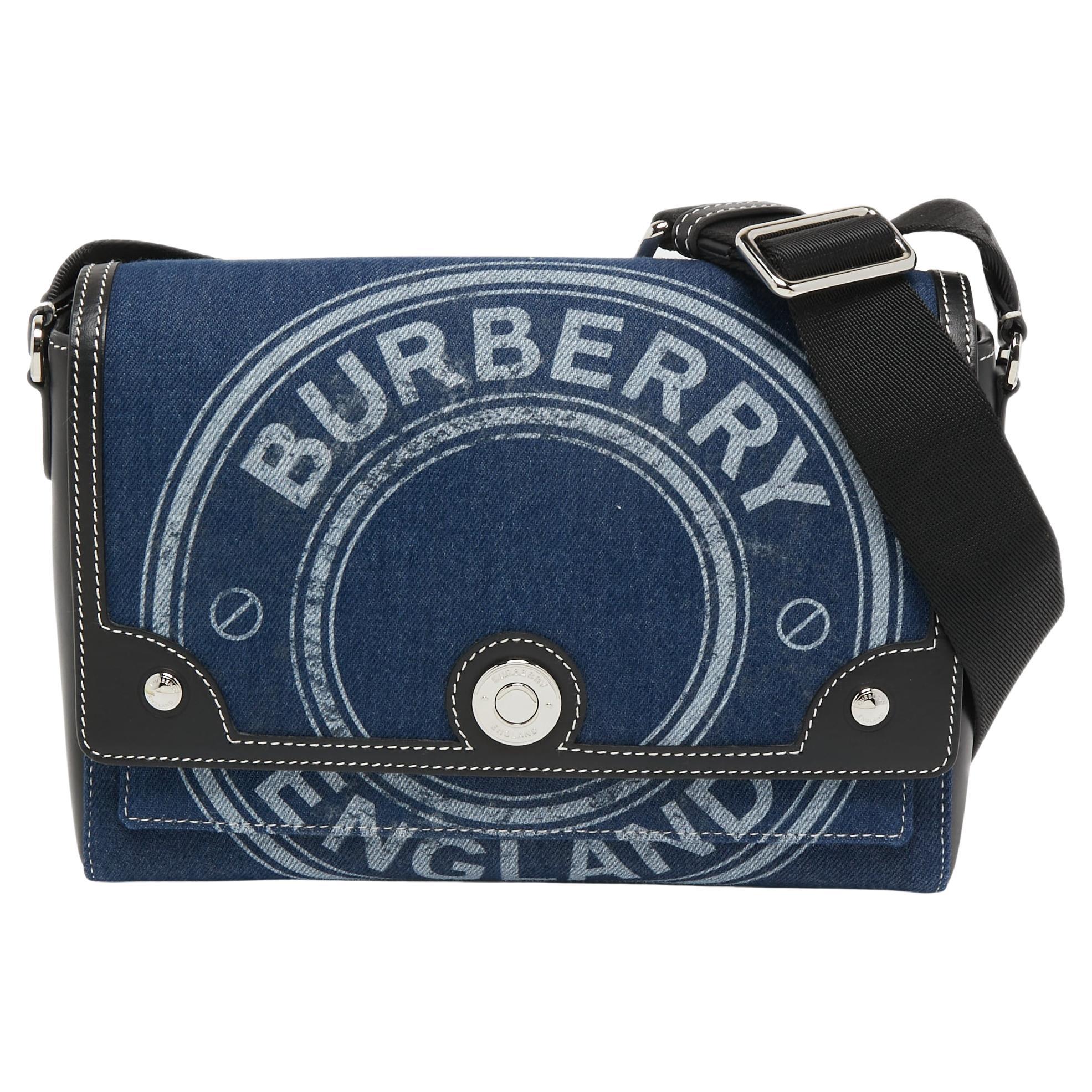Burberry Blue/Black Denim And Leather Medium Note Logo Print Crossbody ...