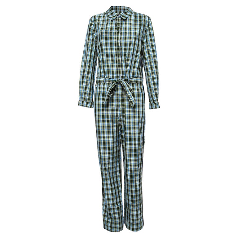 Burberry Blue Checked Cotton Lampton Belted Jumpsuit M For Sale at 1stDibs