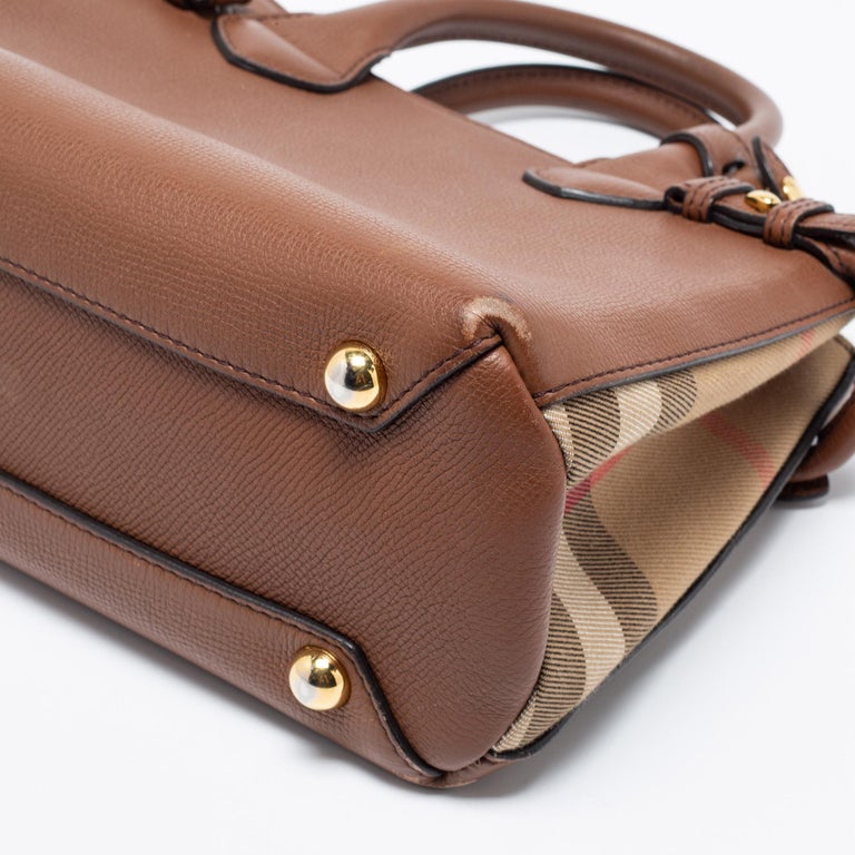 Burberry Brown/Beige Leather And House Check Fabric Small Banner Tote ...