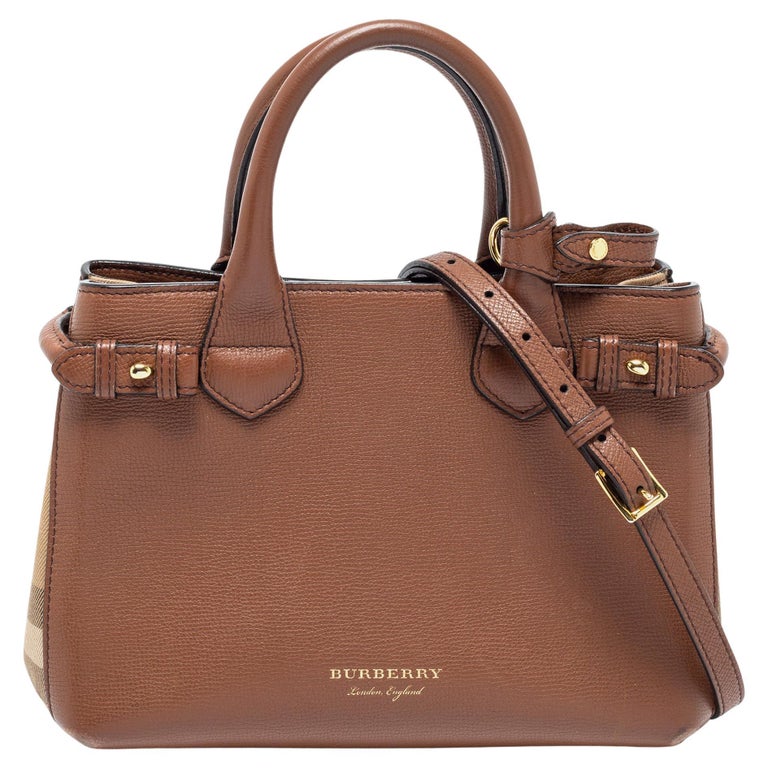 Burberry Brown/Beige Leather And House Check Fabric Small Banner Tote ...