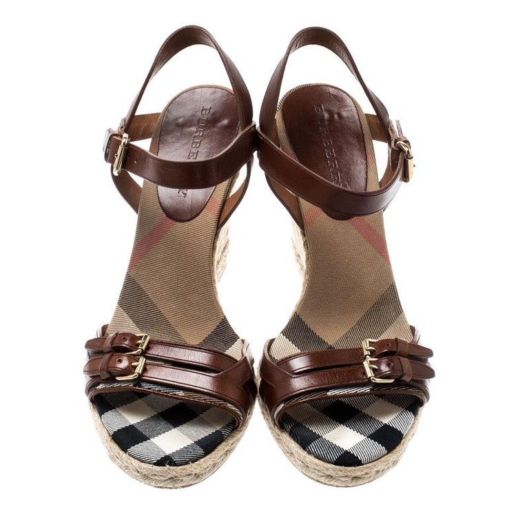 Burberry Brown Belted Leather Espadrille Wedges Sandals Size 41 For ...