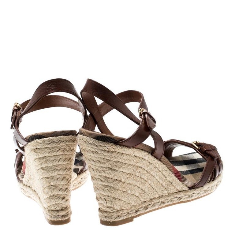 Burberry Brown Belted Leather Espadrille Wedges Sandals Size 41 For ...
