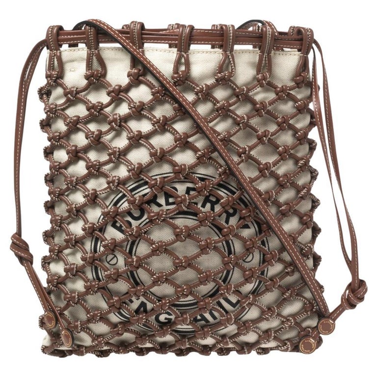 Burberry Brown/Cream Woven Leather Drawstring Bag For Sale at 1stDibs