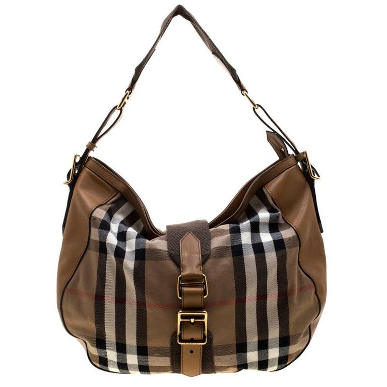 Burberry Brown House Check Canvas and Leather Buckle Hobo For Sale at ...