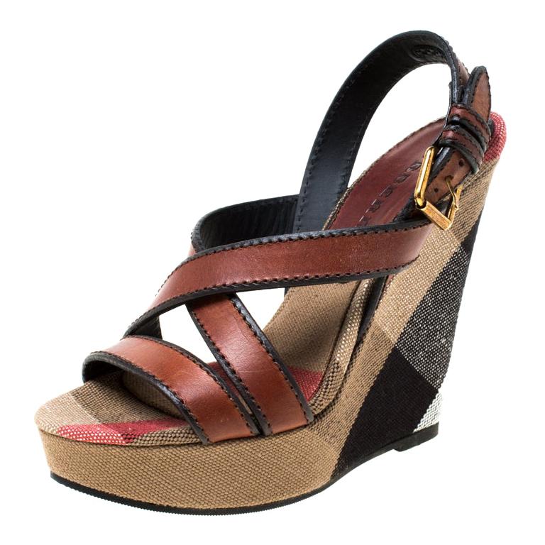 Burberry Brown Novacheck Canvas and Leather Platform Wedge Sandals Size ...