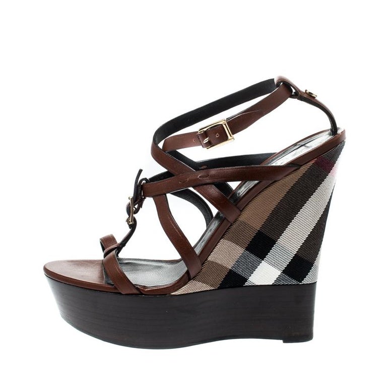 Burberry Brown Strappy Leather Platform Housecheck Wedge Sandals Size ...
