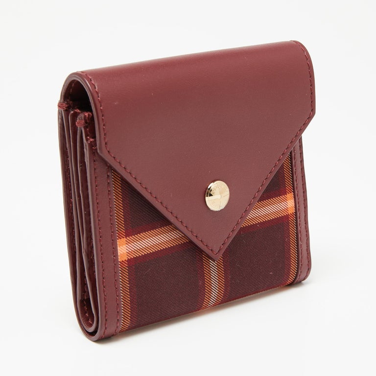 Burberry Burgundy Leather And Check Canvas Lila Trifold Compact Wallet ...