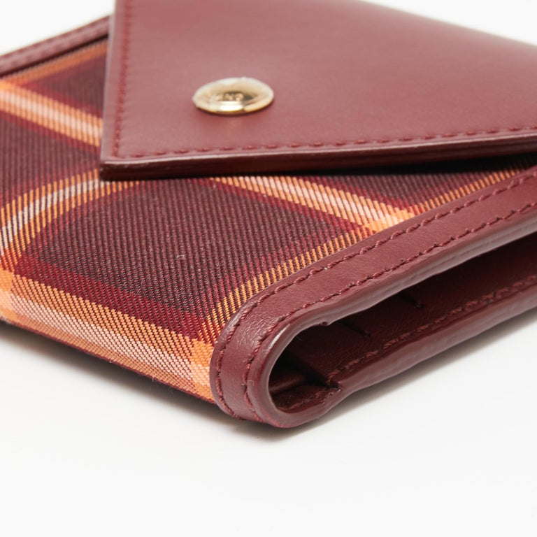 Burberry Burgundy Leather And Check Canvas Lila Trifold Compact Wallet ...