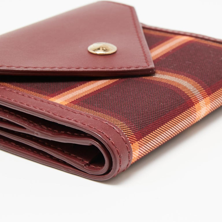 Burberry Burgundy Leather And Check Canvas Lila Trifold Compact Wallet ...