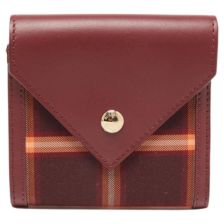 Burberry Burgundy Leather And Check Canvas Lila Trifold Compact Wallet ...