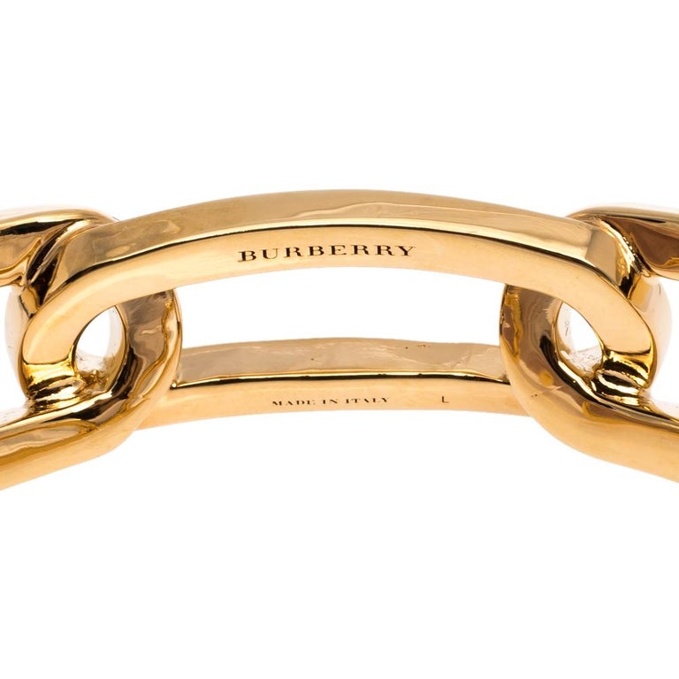 Burberry Chain Link Motif Gold Tone Open Cuff Bracelet L at 1stDibs