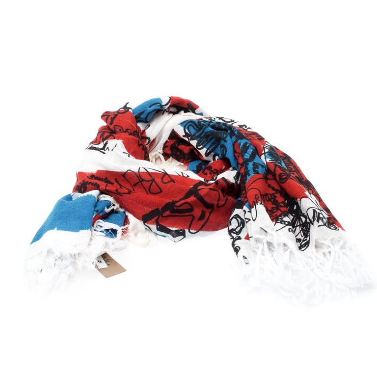 Burberry Colorblock Doodle Print Check Cotton Silk Square Scarf For ...