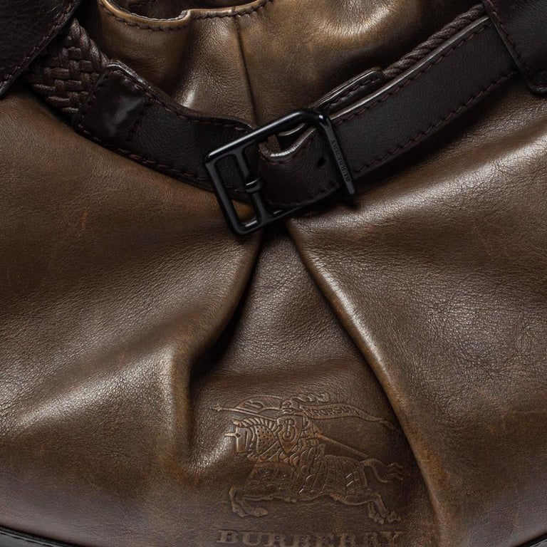 Burberry Dark Brown Logo Embossed Leather Buckle Detail Hobo For Sale ...