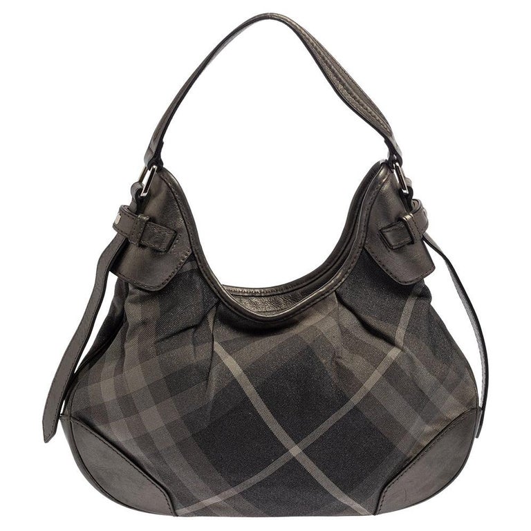 Burberry Grey Beat Check Shimmer Canvas and Leather Small Brooklyn Hobo ...