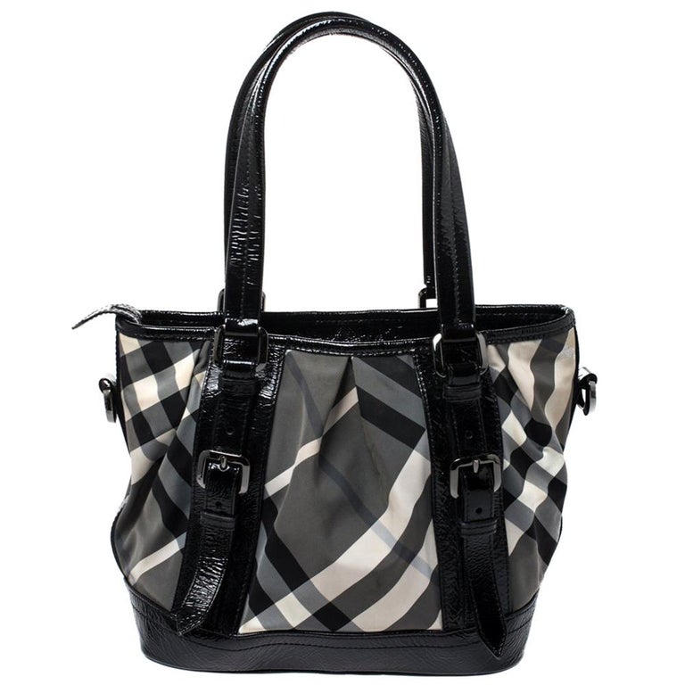 Burberry Grey/Black Beat Check Nylon and Patent Leather Lowry Tote at ...